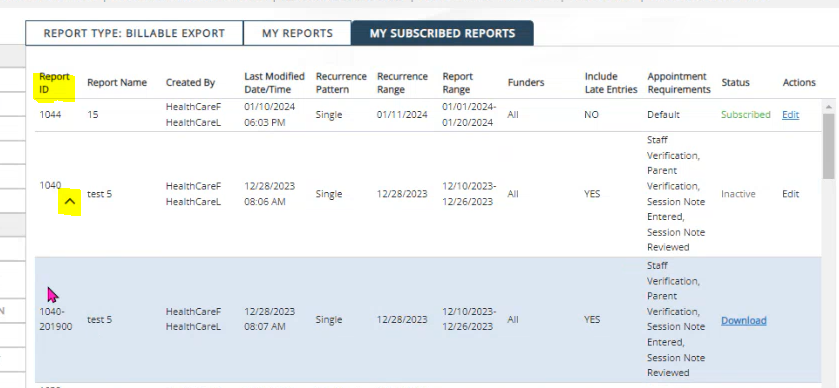 Reports: Billing Export Report